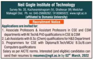Neil Gogte Institute of Technology, Hyderabad, Wanted Assistant ...