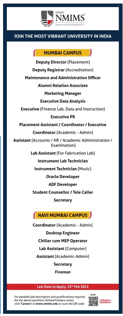 SVKM’S NMIMS University, Mumbai and Navi Mumbai Wanted Non-Teaching Faculty | FacultyPlus