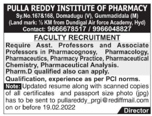 Pulla Reddy Institute of Pharmacy, Hyderabad Wanted Assistant Professor/ Associate Professor ...