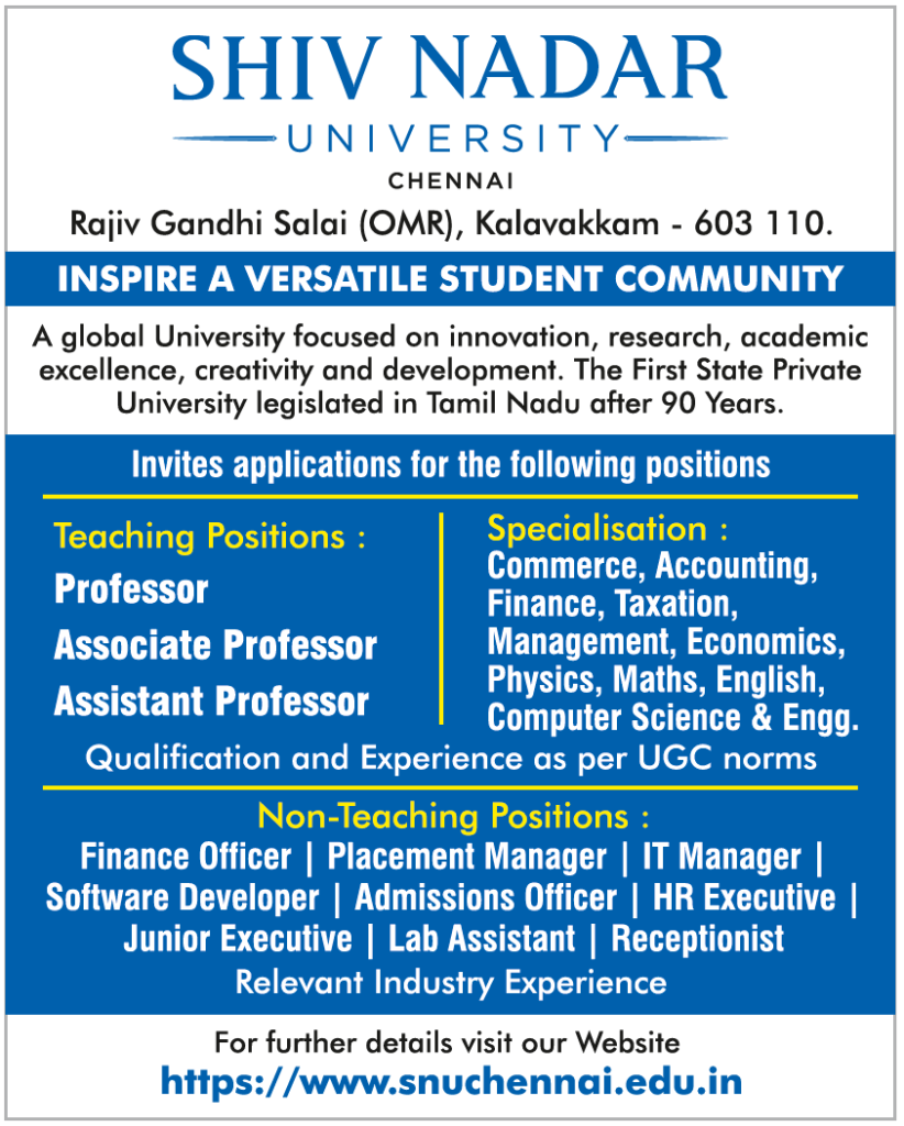 Shiv Nadar University Chennai Wanted Professor/Associate Professor ...