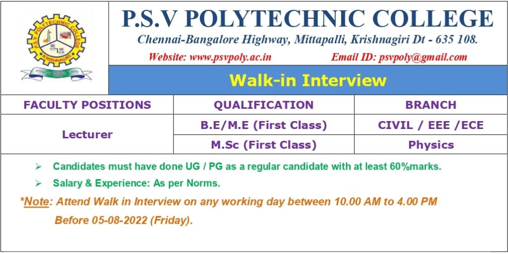 PSV Polytechnic College, Krishnagiri Wanted Lecturer/Sr.Lecturer | FacultyPlus