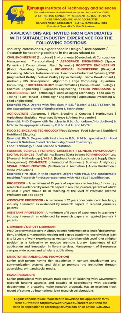 Teaching Jobs/Non-Teaching Jobs at Karunya Institute of Technology and Sciences, Coimbatore ...