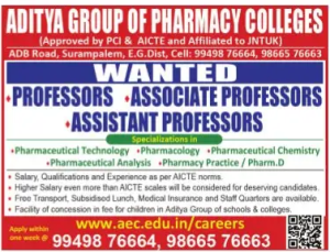 Aditya Group of Pharmacy Colleges, East Godavari, Wanted Professor, Associate Professor ...