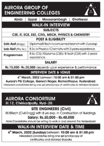 Aurora Group of Engineering Colleges, Hyderabad, Wanted Lab Assistant, Site Engineers | FacultyPlus
