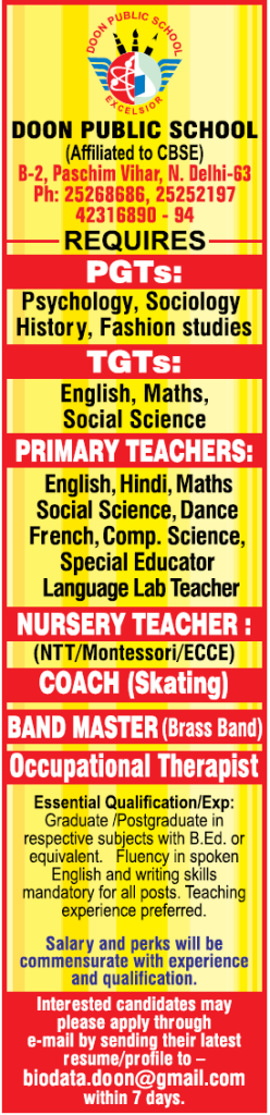 Doon Public School, New Delhi Wanted Teachers and Non-Teaching Faculty ...