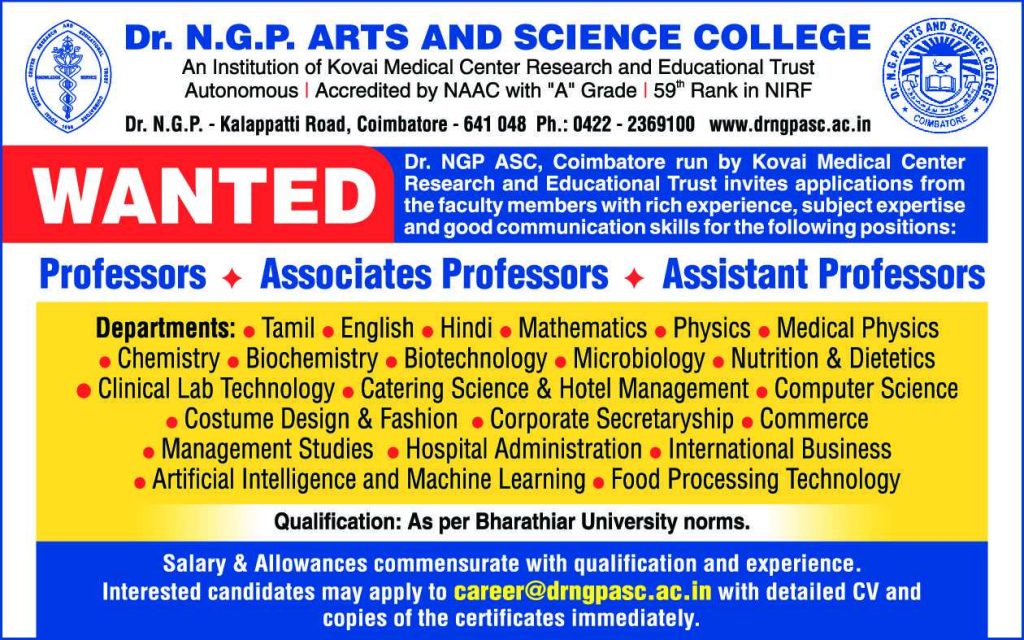 Dr. N.G.P Arts And Science College, Coimbatore, Wanted Professors, Associate Professors ...