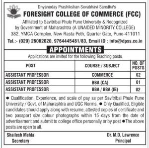 Foresight College of Commerce, Pune, Wanted Assistant Professor | FacultyPlus