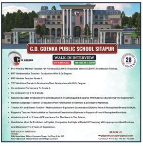 G.D.Goenka Public School, Sitapur Wanted TGT/PRT/Pre Primary Teachers | FacultyPlus