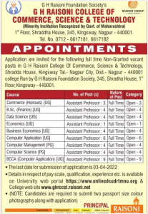 G H Raisoni College of Commerce Science and Technology, Pune, Wanted Assistant Professor ...