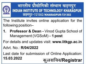 Indian Institute of Technology Kharagpur, Kharagpur Wanted Professor and Dean | FacultyPlus