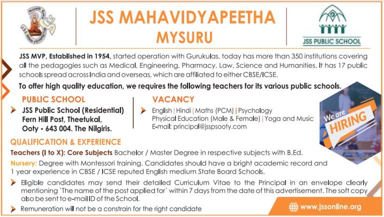 JSS Mahavidyapeetha, JSS Public School, Nilgiris, Wanted Teachers ...