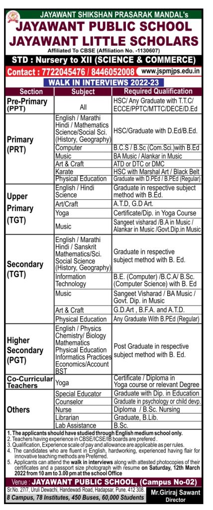 Jayawant Public School, Jayawant Little Scholars, Pune Wanted Teachers and Non-Teaching Faculty ...