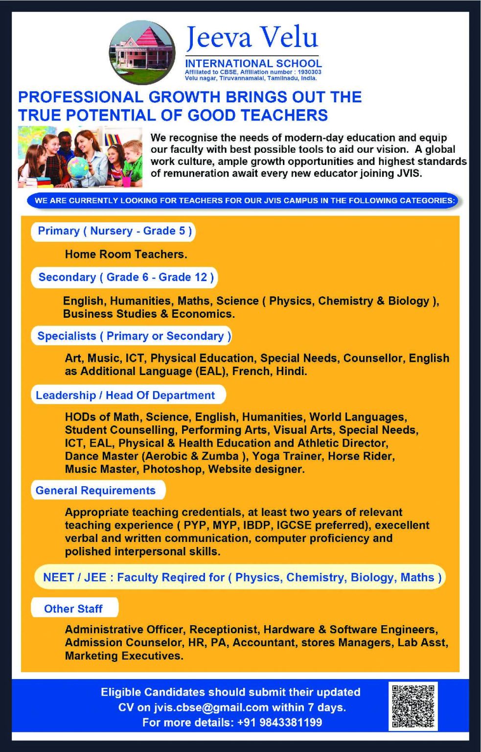 Jeeva Velu International School, Tiruvannamalai, Wanted Primary ...