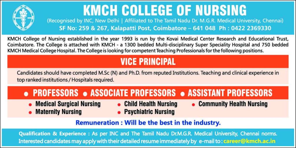 KMCH College Of Nursing, Coimbatore, Wanted Vice Principal, Associate Professor, Assistant ...