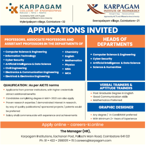 Karpagam College of Engineering, Karpagam Institute of Technology, Coimbatore, Wanted Assistant ...