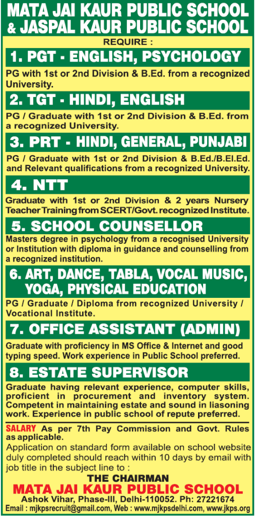 Mata Jai Kaur Public School, Delhi Wanted PGT/TGT/PRT | FacultyPlus