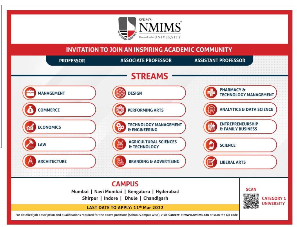 SVKM’s NMIMS University, Mumbai/Navi Mumbai/ Bengaluru/ Hyderabad/Shirpur/Indore/Dhule ...
