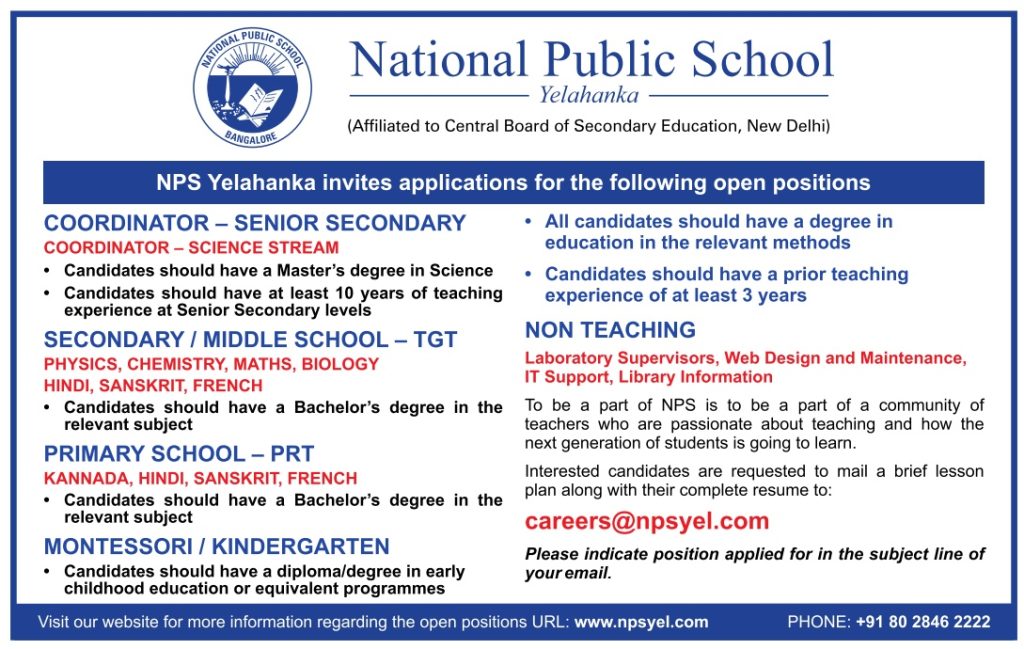 National Public School, Yelahanka Wanted Teachers and Non-Teaching Faculty | FacultyPlus