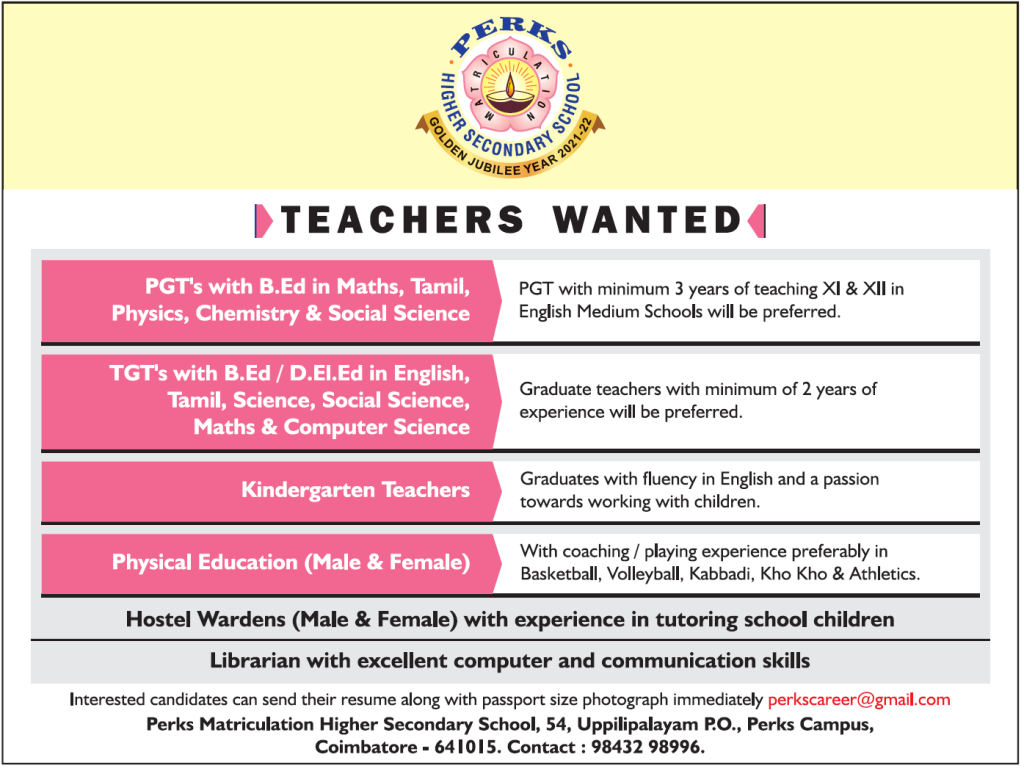 Perks Matriculation Higher Secondary School, Coimbatore, Wanted PGT ...