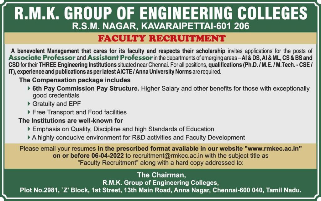 RMK Group of Engineering Colleges, Kavaraipettai Wanted Associate Professor/Assistant Professor ...