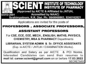 Scient Institute of Technology, & Pharmacy, R.R, Wanted Professors, Associate Professors ...