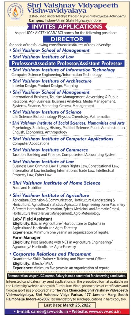 Faculty Recruitment at Shri Vaishnav Vidyapeeth Vishwavidyalaya, Indore ...