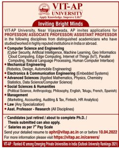 VIT-AP University, Vijayawada Wanted Professor/ Associate Professor/ Assistant Professor ...