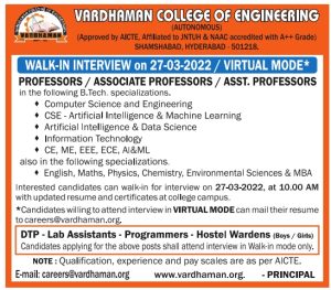 Vardhaman College of Engineering, Hyderabad Wanted Professor/ Associate Professor/ Assistant ...