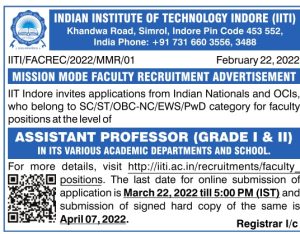 Indian Institute of Technology Indore Wanted Assistant Professor Grade I/II | FacultyPlus