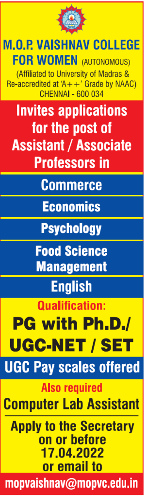 M.O.P.Vaishnav College for Women, Chennai Wanted Assistant Professor ...