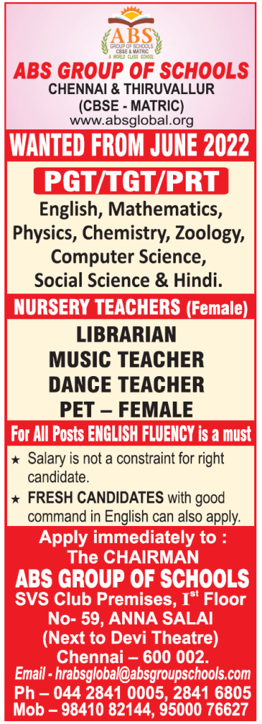 ABS Group of Schools, Chennai & Thiruvallur Wanted Teachers and Non-Teaching Staff | FacultyPlus