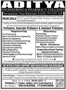 Aditya Engineering & Pharmacy Colleges, East Godavari, Wanted Principals, Professor,Assistant ...