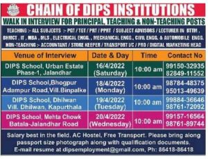 Chain of DIPS Institutions, Jalandhar Wanted Principal/Teaching/Non ...