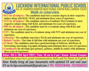 Lucknow International Public School, Lucknow Wanted Teachers and Non-Teaching Staff | FacultyPlus