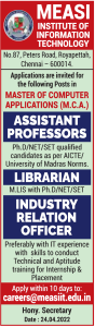 MEASI Institute of Information Technology, Chennai Wanted Assistant Professor, Librarian ...