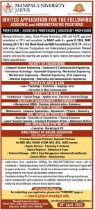 Manipal University, Jaipur Wanted Professor/Associate Professor/Assistant Professor | FacultyPlus