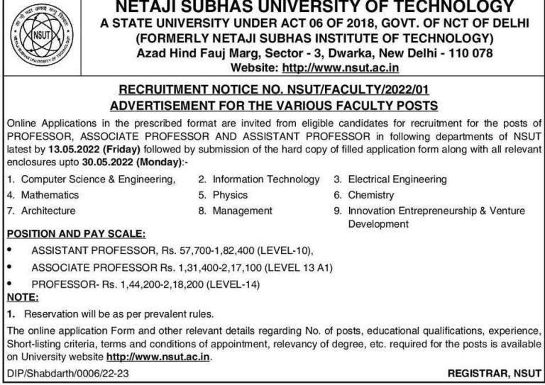 Netaji Subhas University of Technology, New Delhi Wanted Professor/ Associate Professor ...