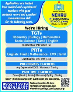 Nehru International School, Coimbatore, Wanted TGT, PRT, Pre Primary, Part time Teachers ...
