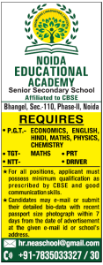 Noida Educational Academy, Noida, Wanted PGT, TGT, PRT, NTT, Driver | FacultyPlus