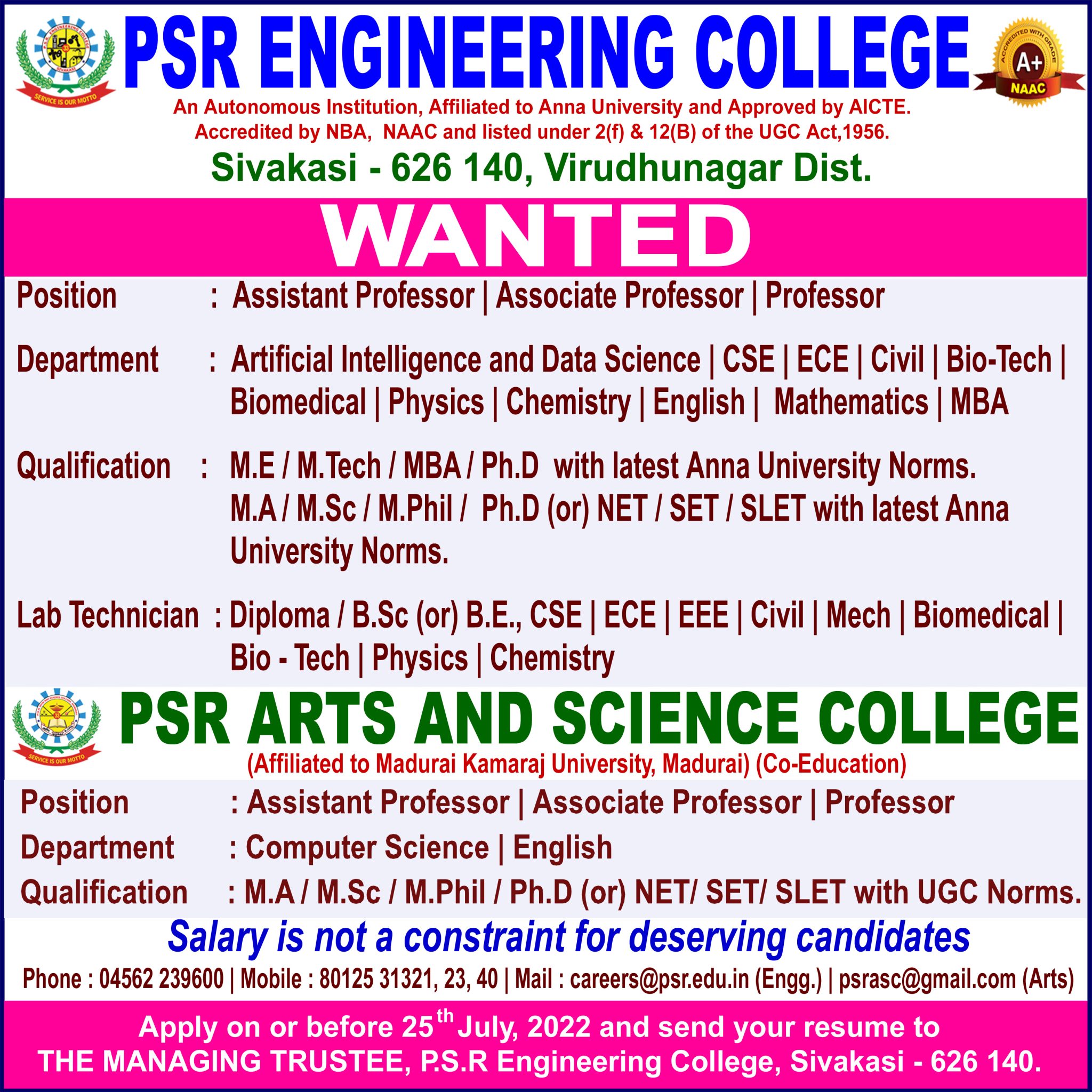 Faculty Jobs in P.S.R Arts and Science College, Sivakasi for Various ...
