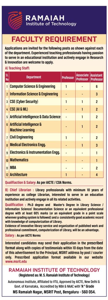 Ramaiah Institute of Technology, Bengaluru Wanted Professor/Associate Professor/Assistant ...