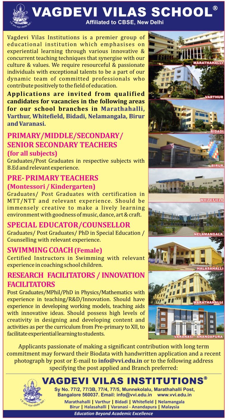 Vagdevi Vilas School, Bangalore Wanted Teachers and Research ...