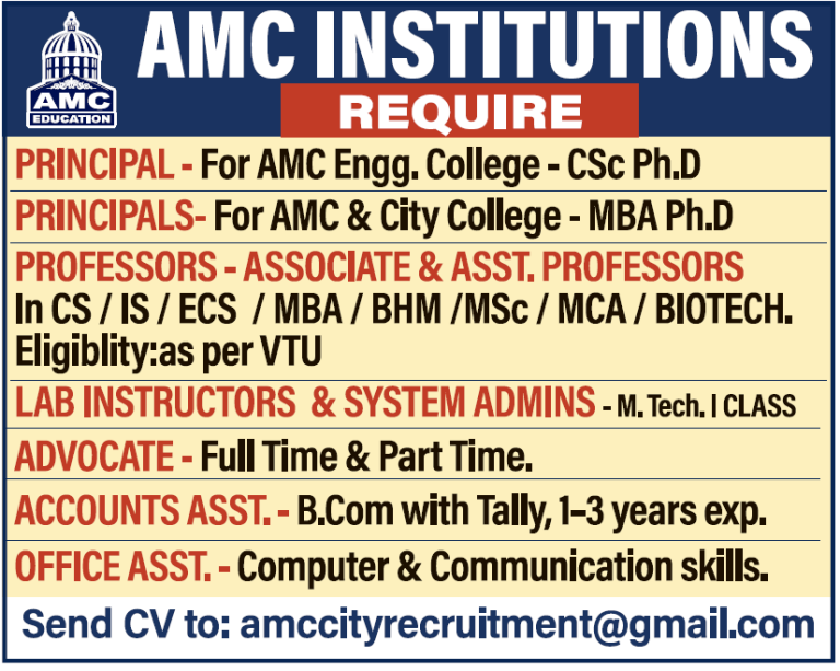 AMC Institutions, Bangalore Wanted Teaching and Non-Teaching Faculty | FacultyPlus