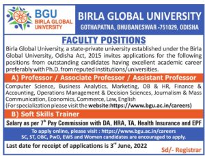 Birla Global University, Bhubaneswar, Wanted Professor, Associate Professor, Assistant Professor ...