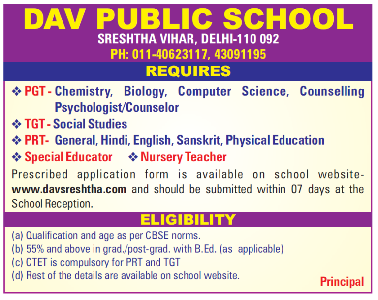 DAV Public School, Delhi Wanted PGT/TGT/PRT/ Nursery Teacher and Special Educator | FacultyPlus