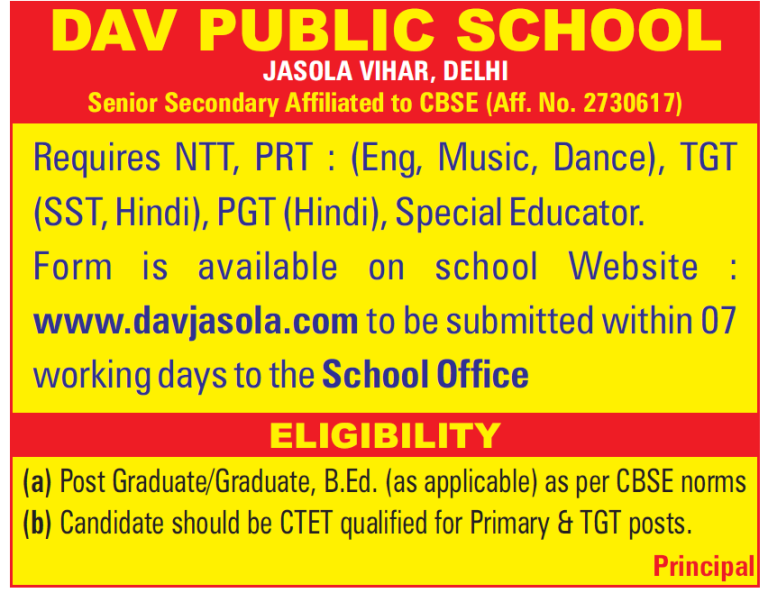 DAV Public School, Delhi Wanted NTT/PRT/TGT/PGT Teachers and Special Educator | FacultyPlus
