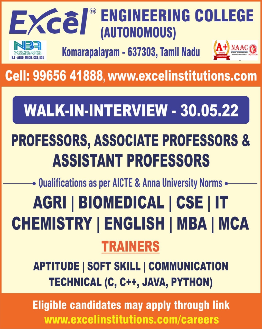 Excel Engineering College, Namakkal, Wanted Professor, Associate Professor, Assistant Professor ...