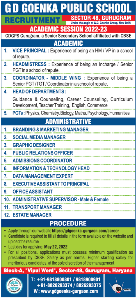 G D Goenka Public School, Gurugram Wanted Academic and Administrative Staffs | FacultyPlus