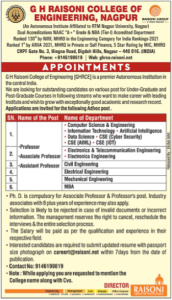 G H Raisoni College of Engineering, Nagpur Wanted Professor/Associate Professor/Assistant ...