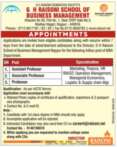 G H Raisoni School of Business Management, Nagpur Wanted Professor/Associate Professor/Assistant ...